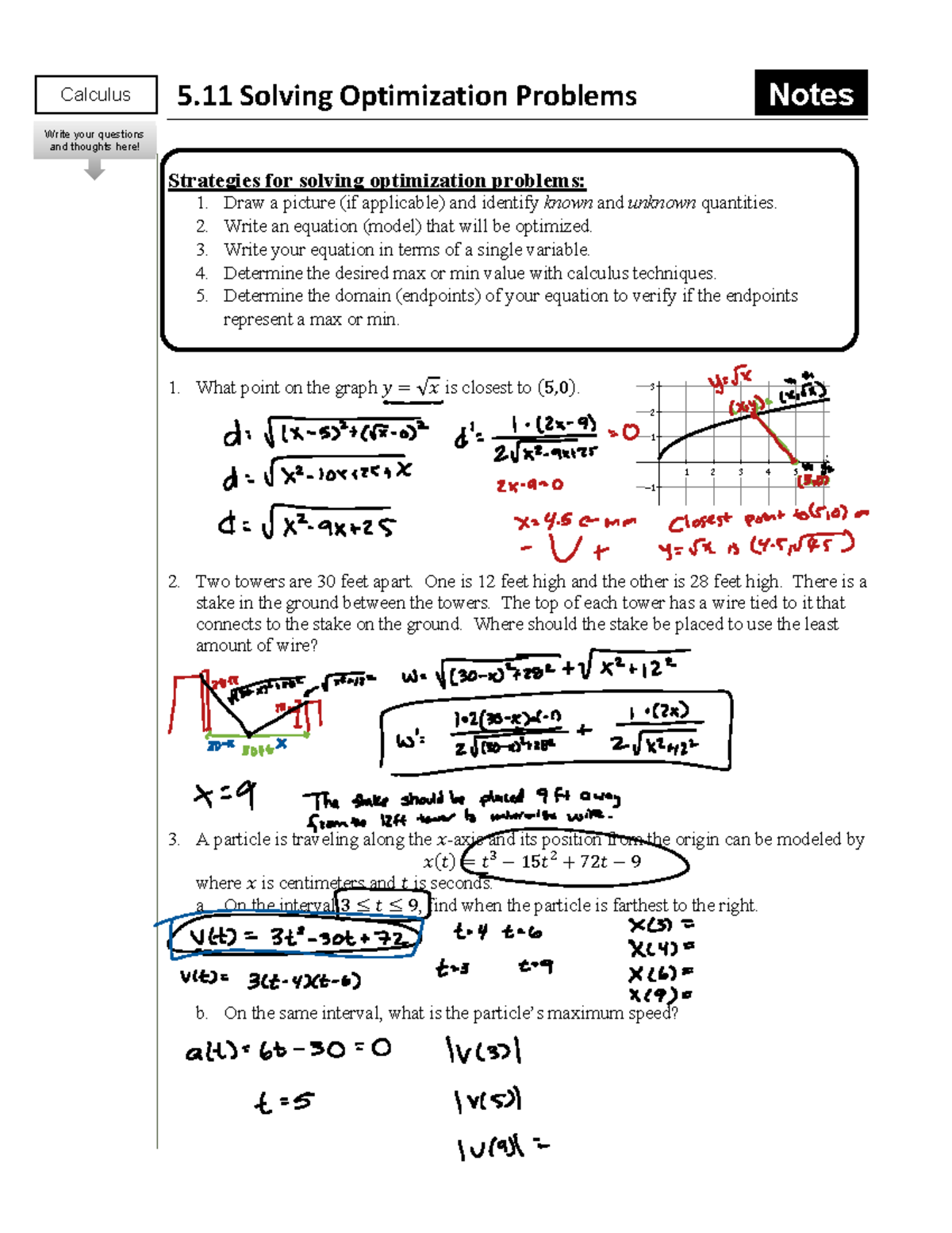 Calculus 5.11 Optimization Problems: Strategies and Examples - Studocu