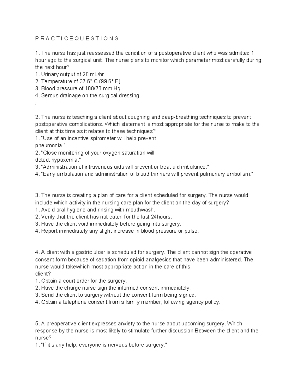 Perioperative Practice Questions for Nursing Exam Preparation - Studocu