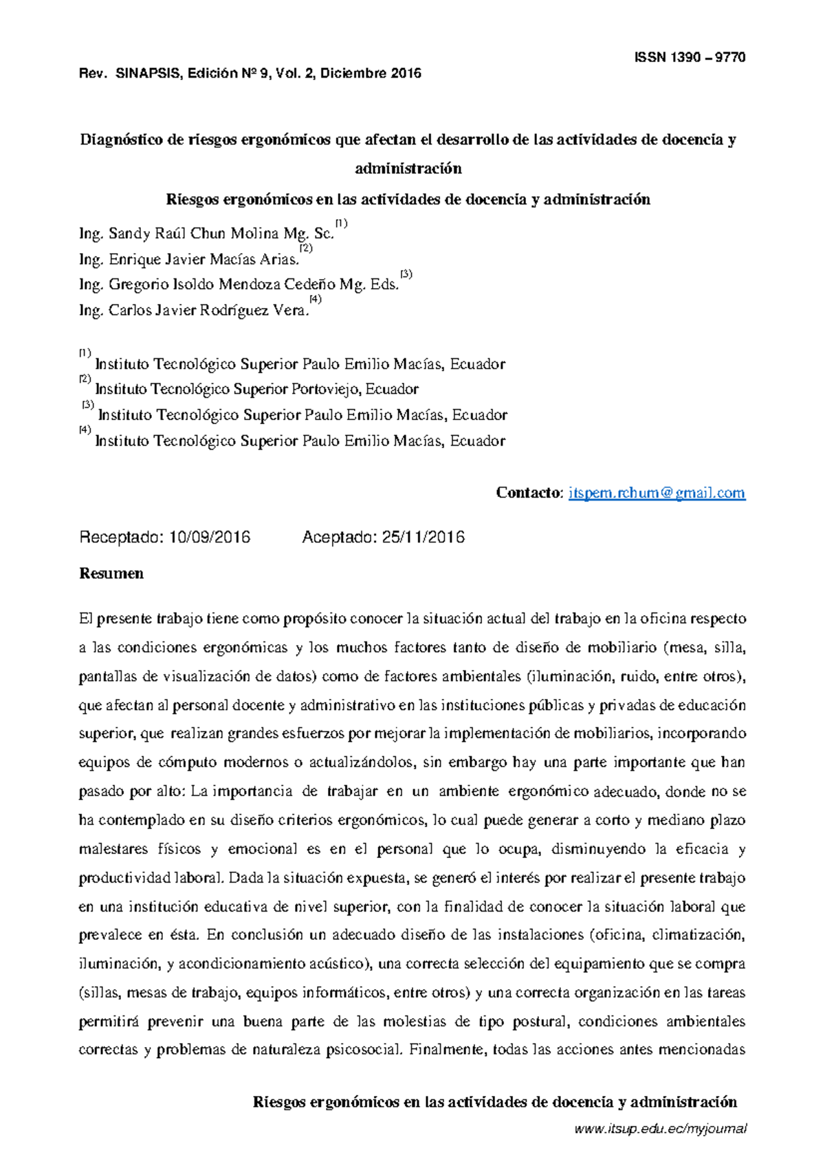 Diagnóstico de Riesgos Ergonómicos en Docencia y Administración - ISSN ...