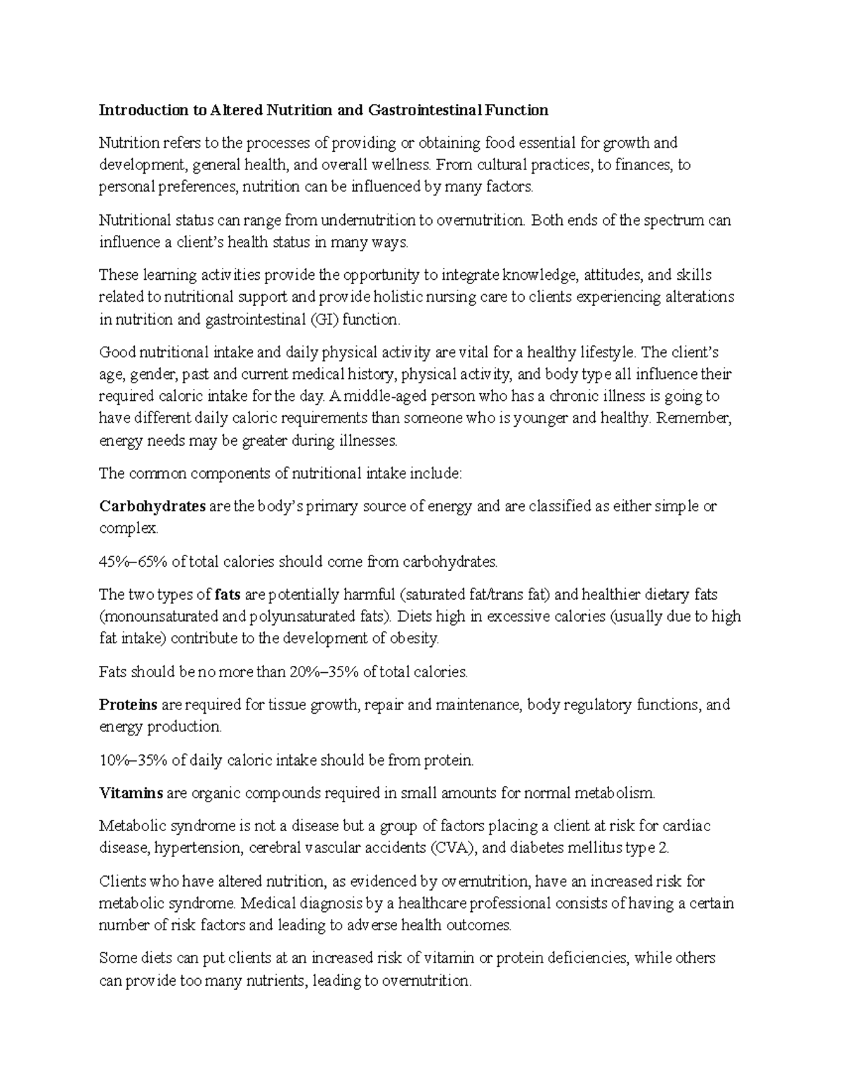 NUTR 101: Introduction to Altered Nutrition & GI Function - Studocu