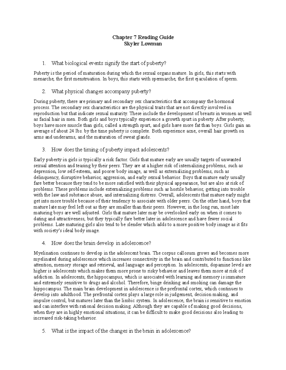 Psych 101: Chapter 7 Reading Guide on Puberty & Adolescent Development ...