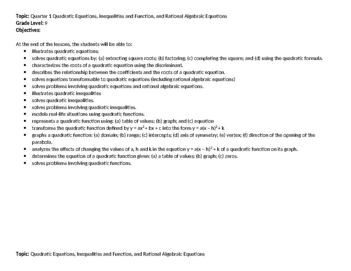 Grade 9 math: Quadratic equations, inequalities, and functions notes ...