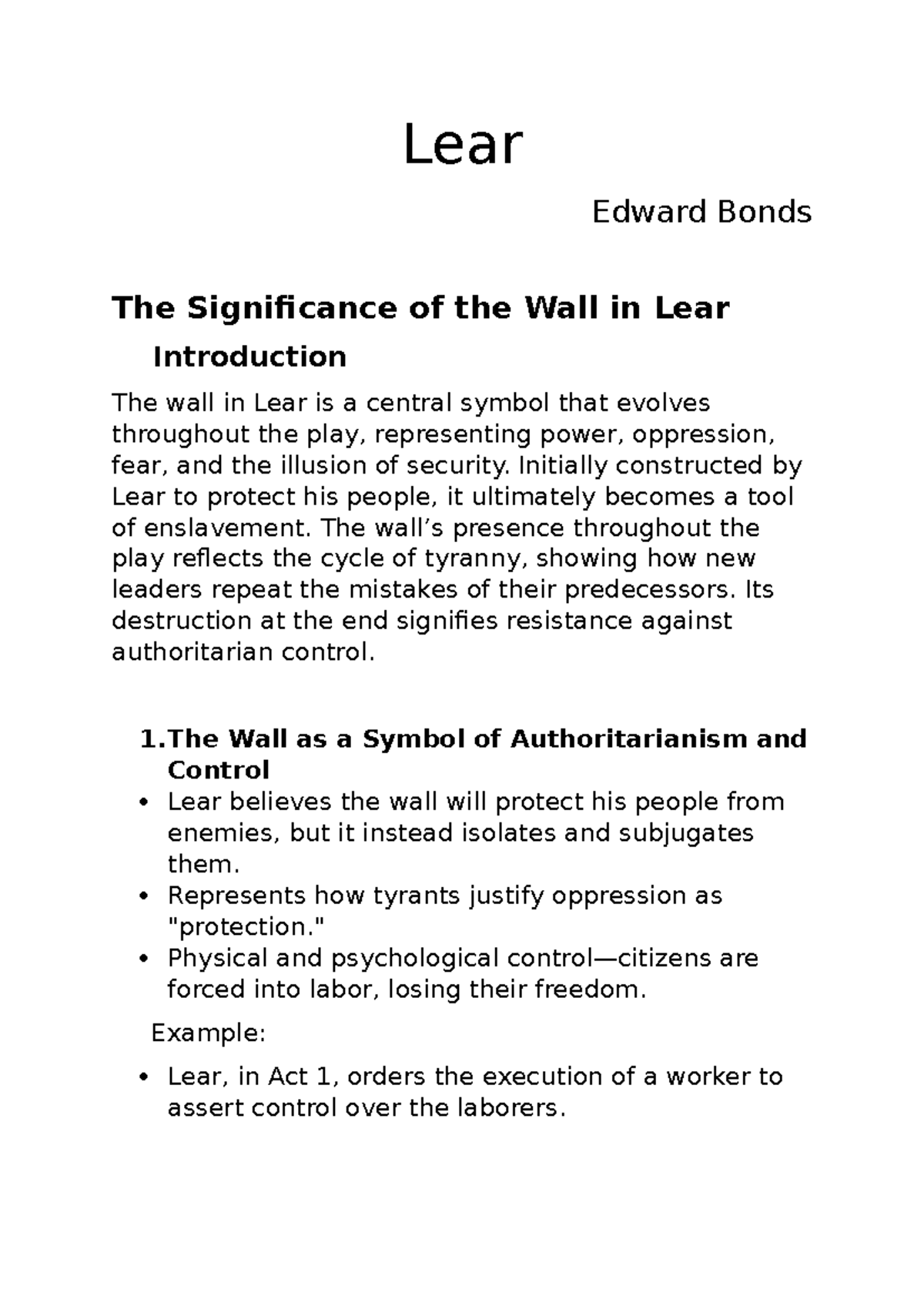 ENG 202 - Summary of the Symbolism of the Wall in Lear - Studocu