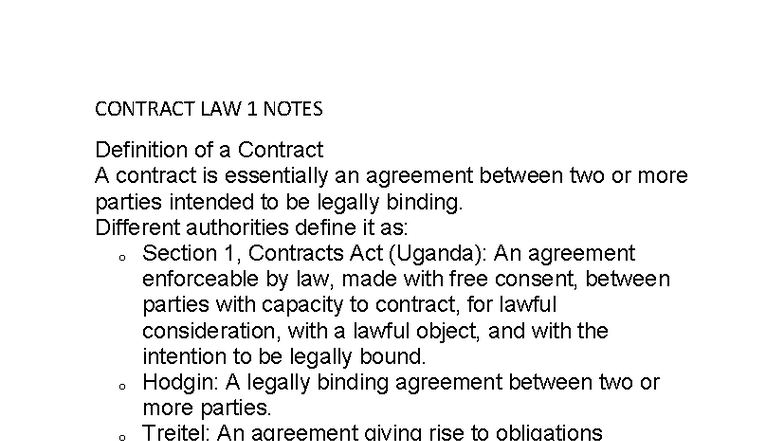 CONTRACT LAW 1 NOTES: Key Definitions and Types of Contracts - Studocu