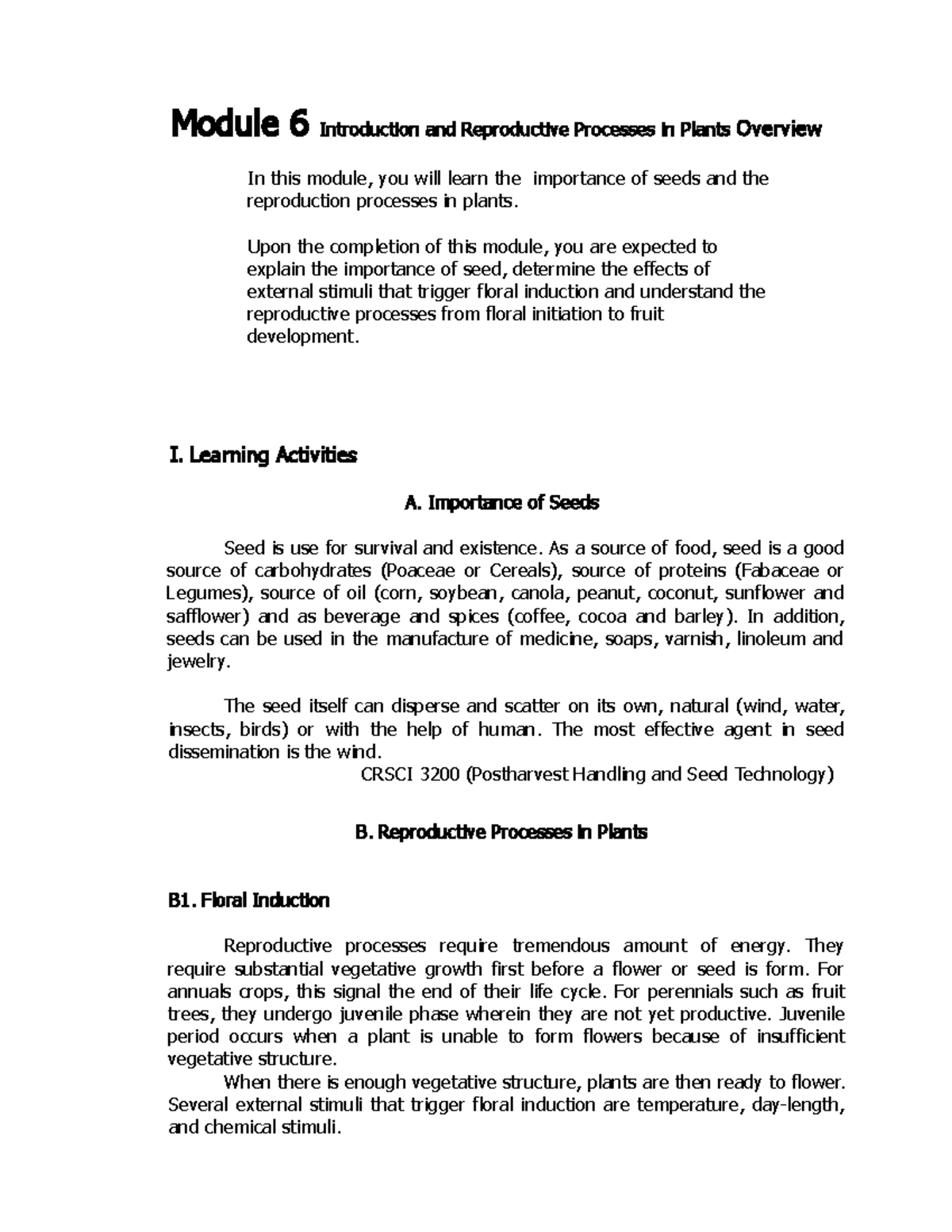 Module 6.Introduction and Reproductive Processes in Plants - Upon the completion of this module ...