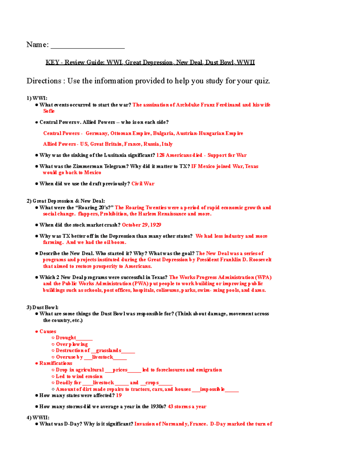 Key Review Guide: WWI to WWII for Quiz Preparation (History 101) - Studocu