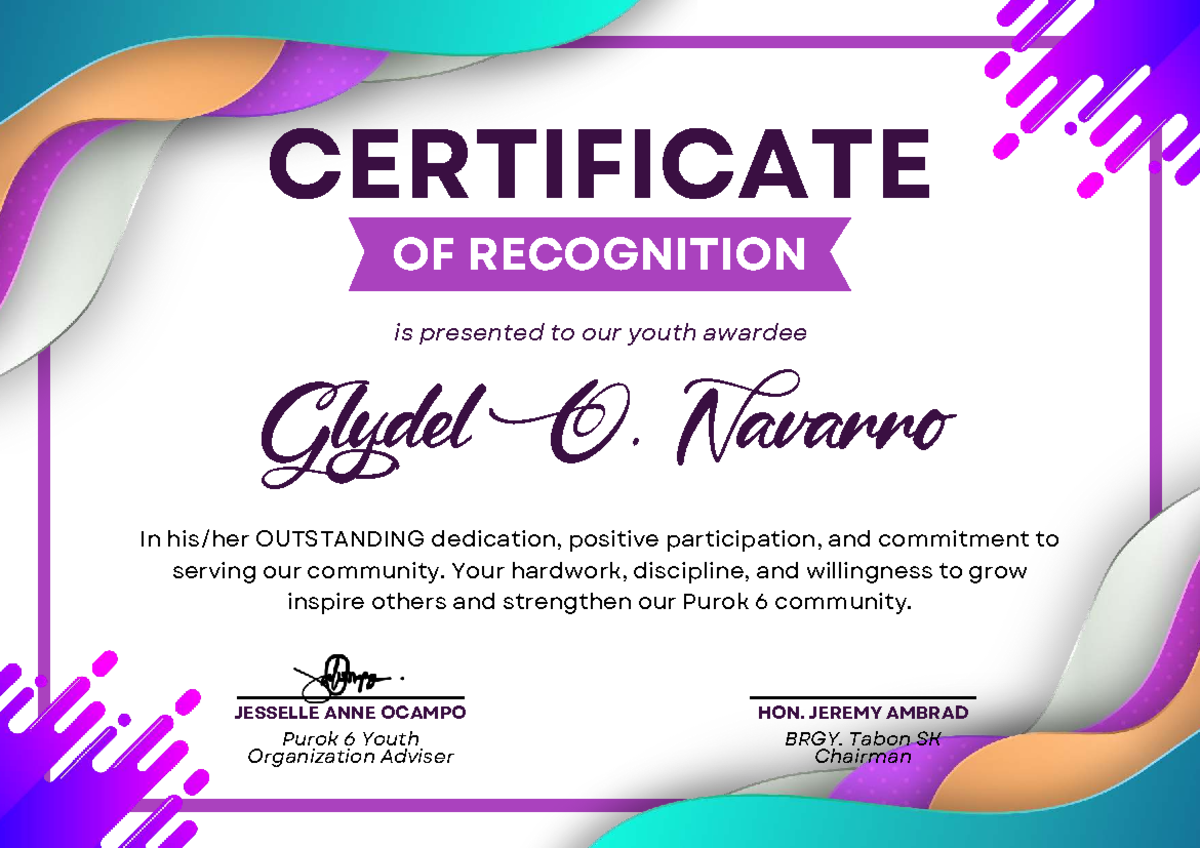 Purok 6 Youth Certification: Certificates of Recognition - Studocu