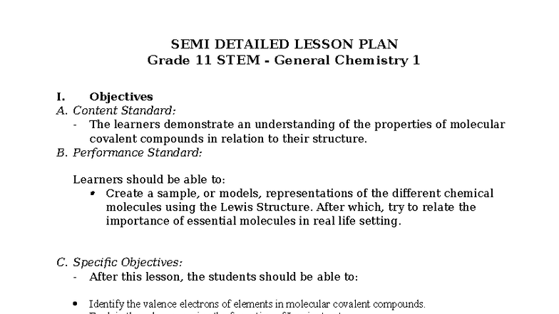 SEMI DETAILED LESSON PLAN G11 STEM: Understanding Lewis Structures ...