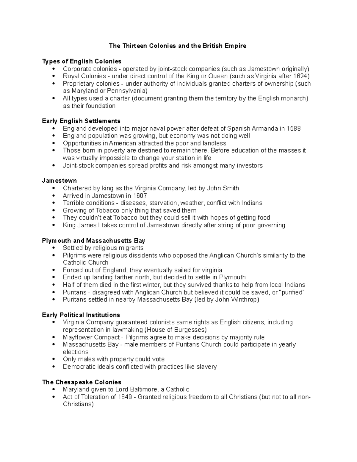 AP U.S. History Chapter 2 Notes - The Thirteen Colonies and the British ...