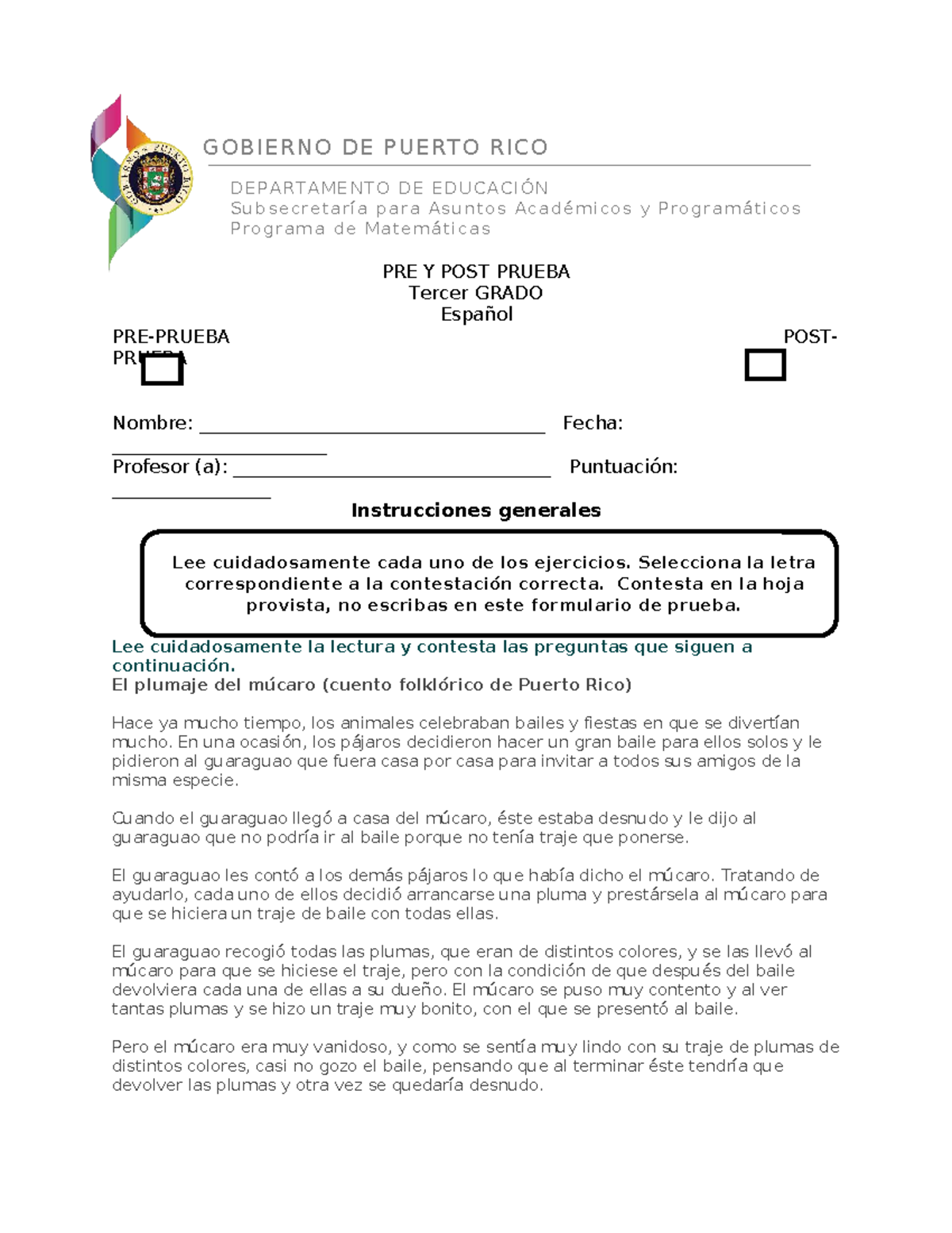 Prueba Diagnóstica de Español 3ro: Lectura y Comprensión - Studocu