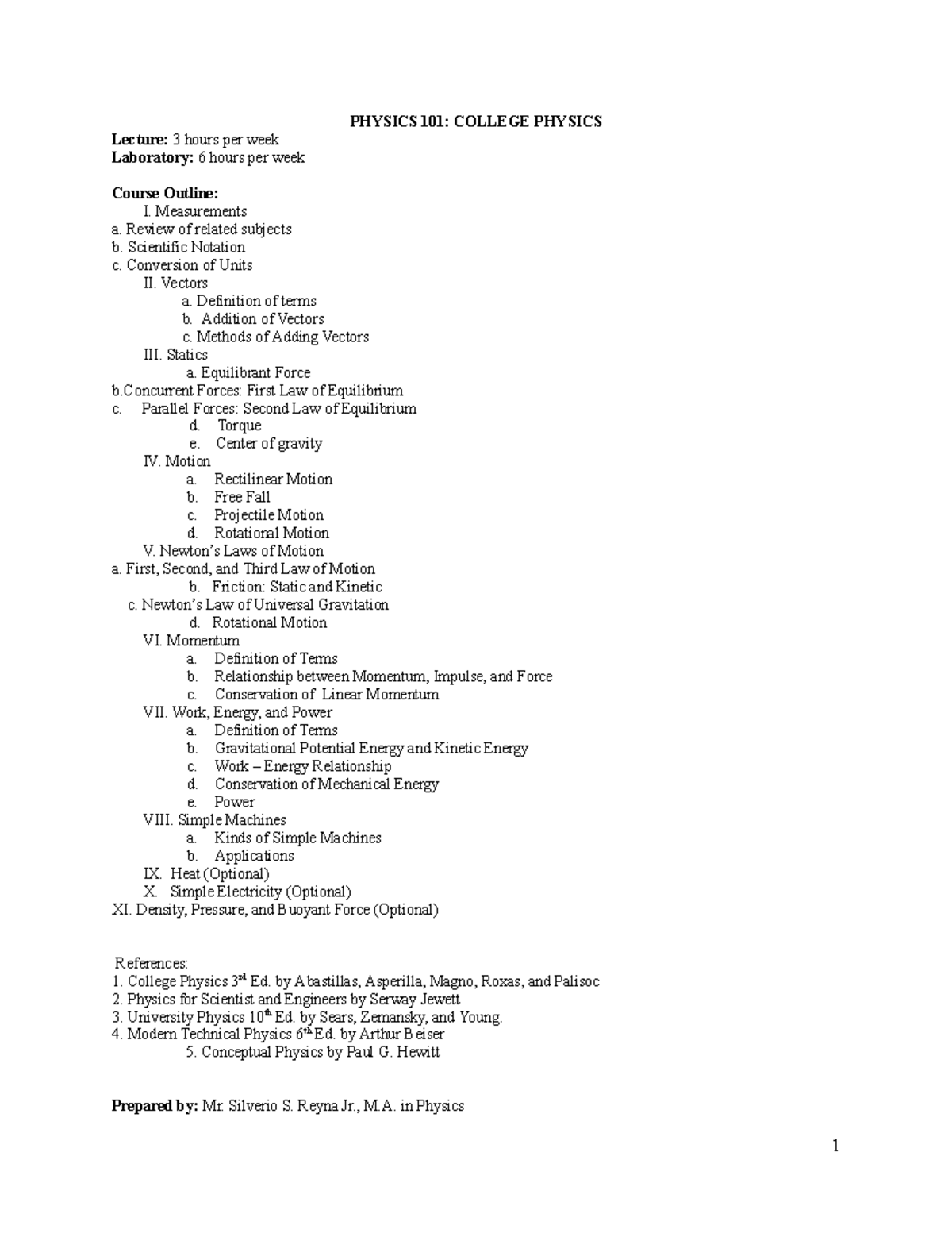 PHYSICS 101: COLLEGE PHYSICS Lecture Notes and Course Outline - Studocu