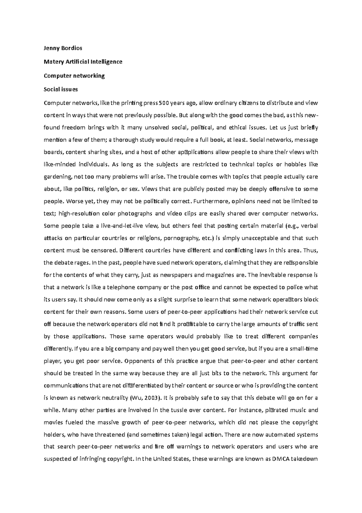 Computer Networking Assignment 4: Social and Ethical Issues - Studocu