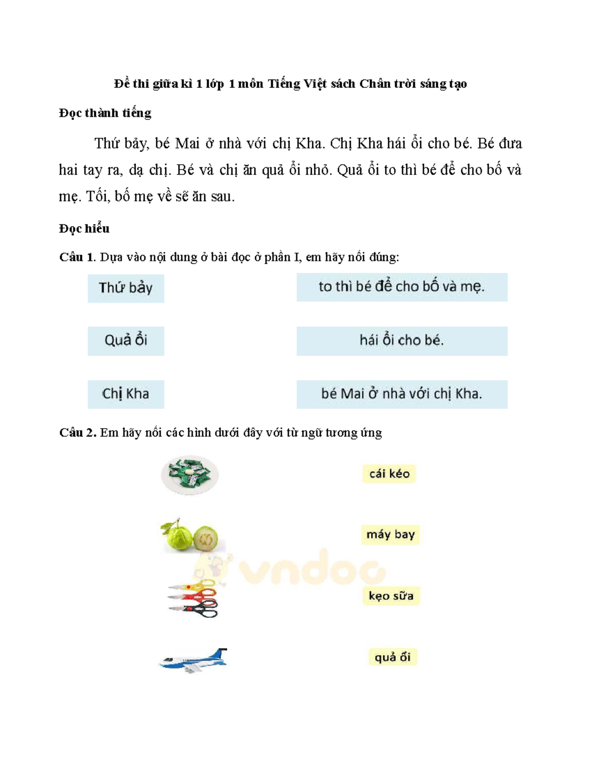 Đề thi giữa kì 1 lớp 1 môn Tiếng Việt sách Chân trời sáng tạo - Studocu