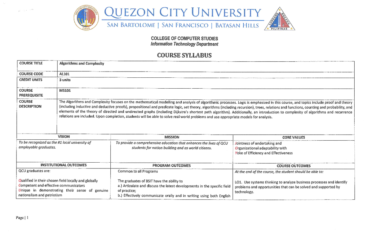 AL101 - Algorithms and Complexity: Course Syllabus 2023 Update - Studocu