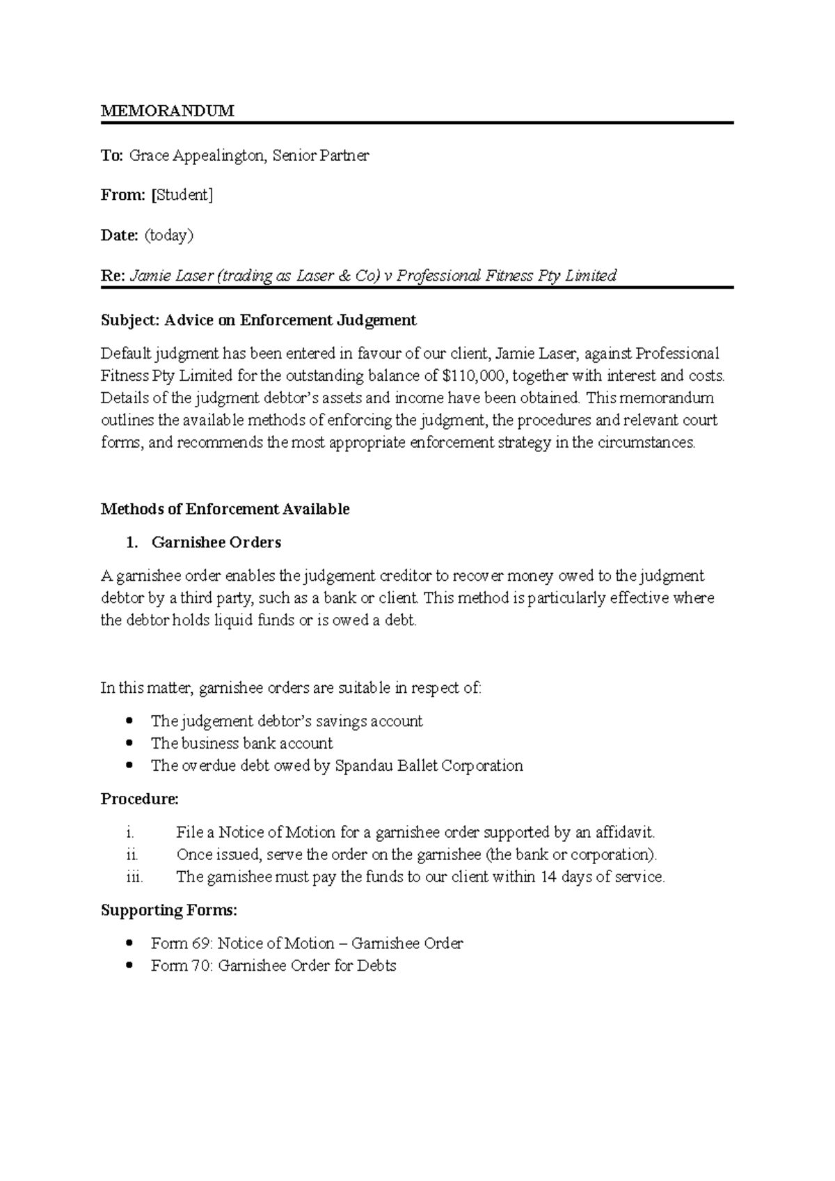 CL Task 3 Activity 1 - Memo on Enforcement of Judgment - Studocu