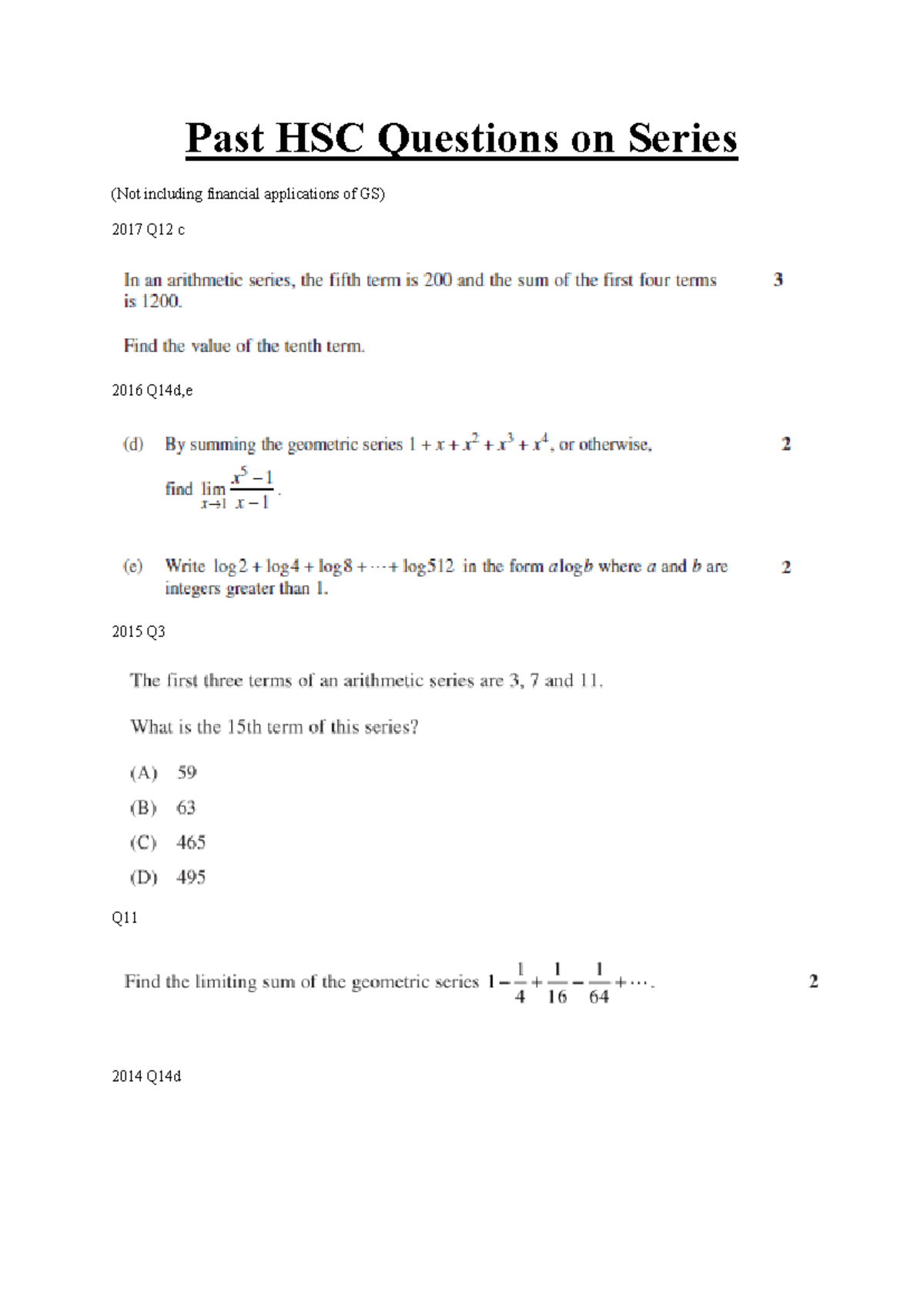 HSC Past Exam Qs on Series & Applications: 2001-2017 Overview - Studocu