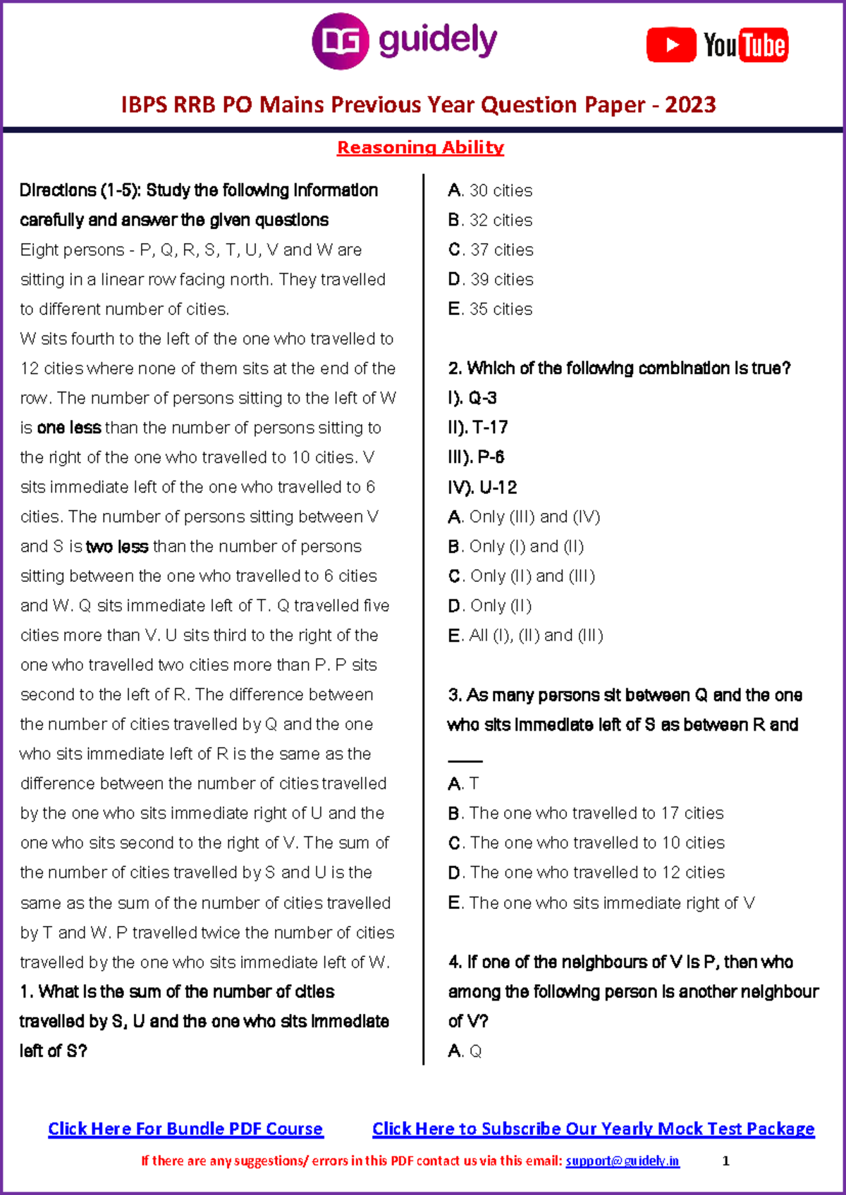 IBPS RRB PO Mains 2023: Reasoning Ability Previous Year Ques Paper ...