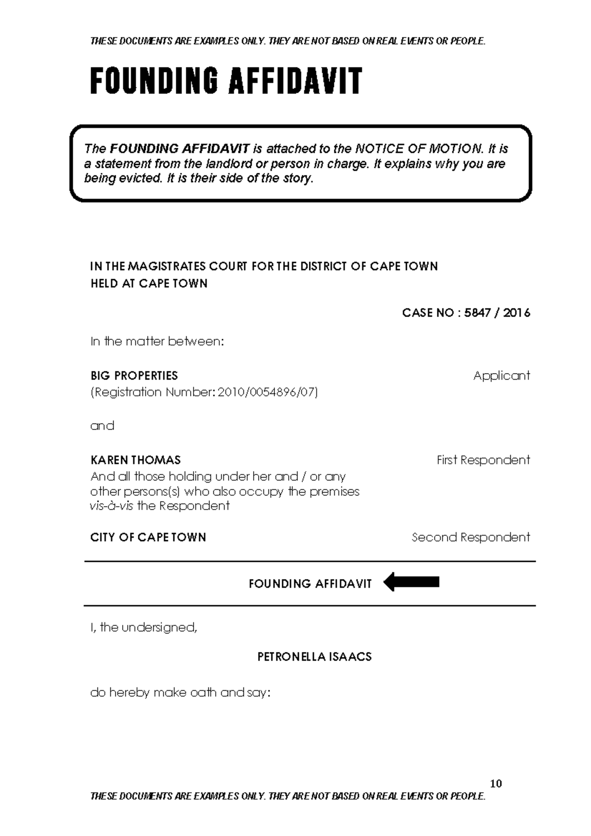 Founding Affidavit for Eviction in Case 5847/2016 - Cape Town - Studocu