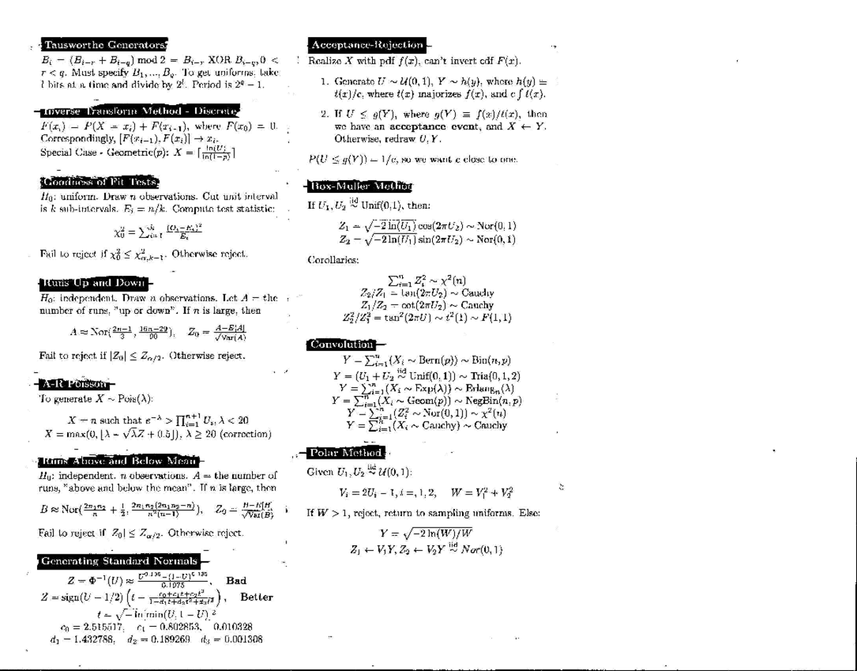 CSP2 - Cheatsheet for Exam 2: Tausworthe Generators & Methods - Studocu