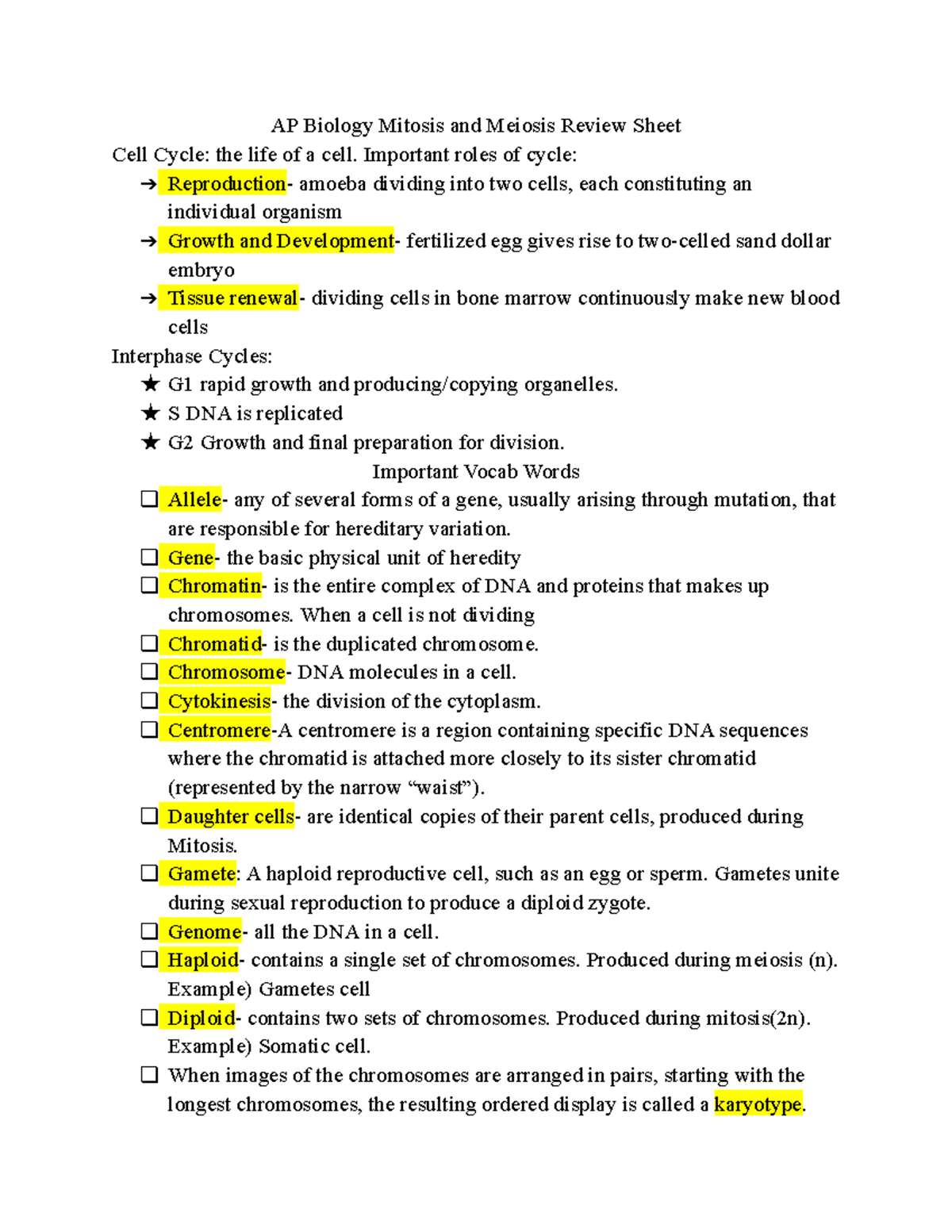 AP Biology Final Exam Mitosis & Meiosis Review Notes - Studocu