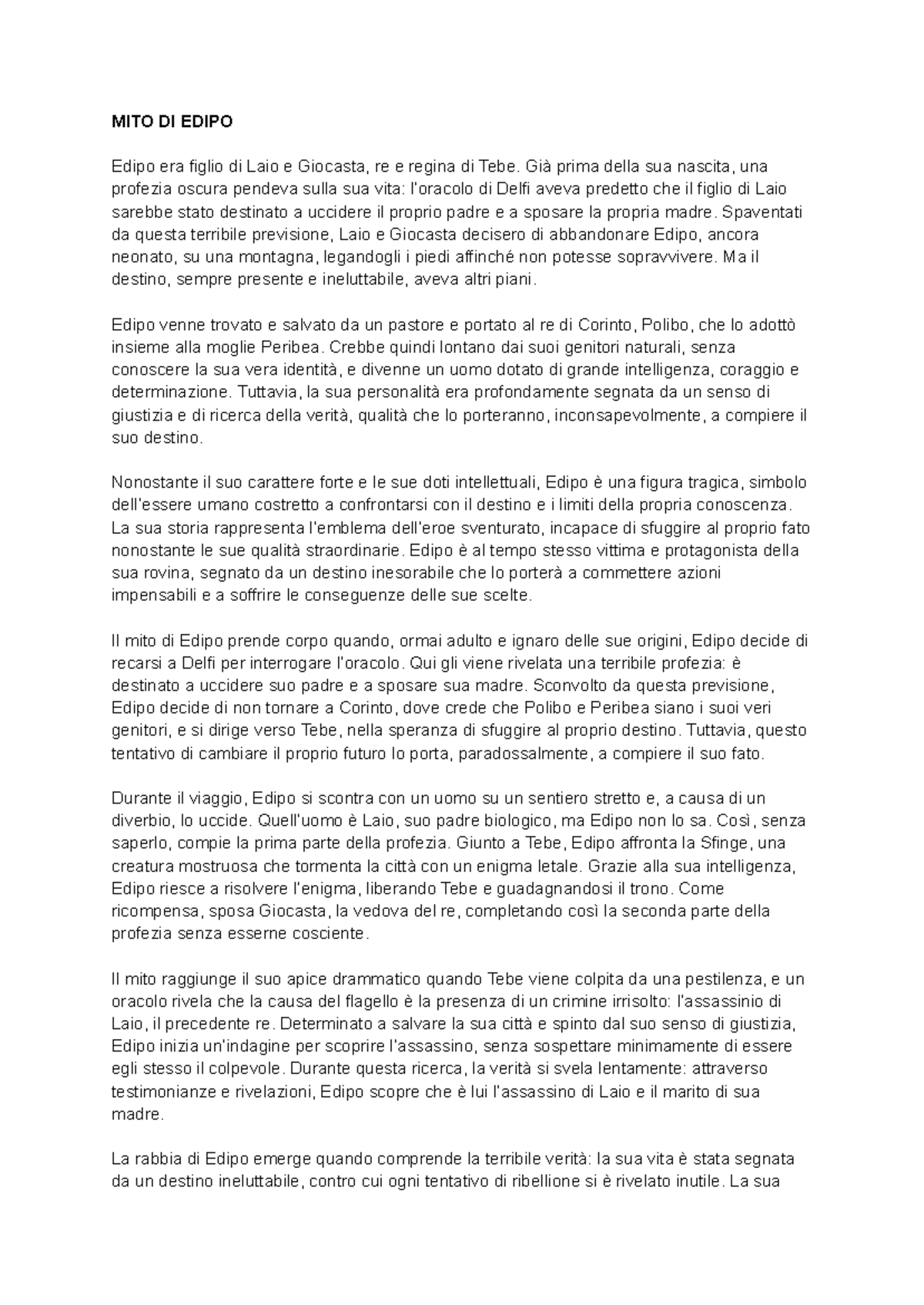 MITO DI EDIPO: Riassunto della Tragica Storia di Edipo - Studocu