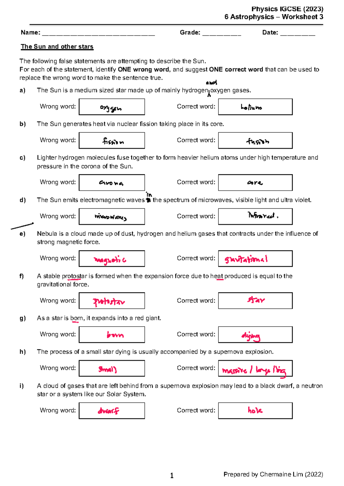 6 Astrophysics Worksheet 3 (Stars) - The Sun and Stellar Processes ...