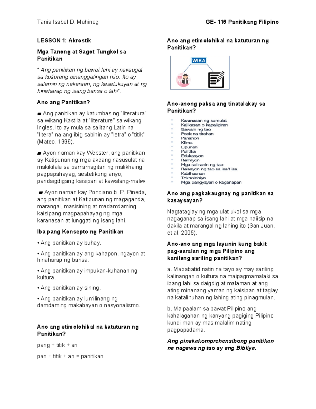 Panitikan-GE-116: Prelims on Akrostik and Mga Anyo ng Panitikan - Studocu