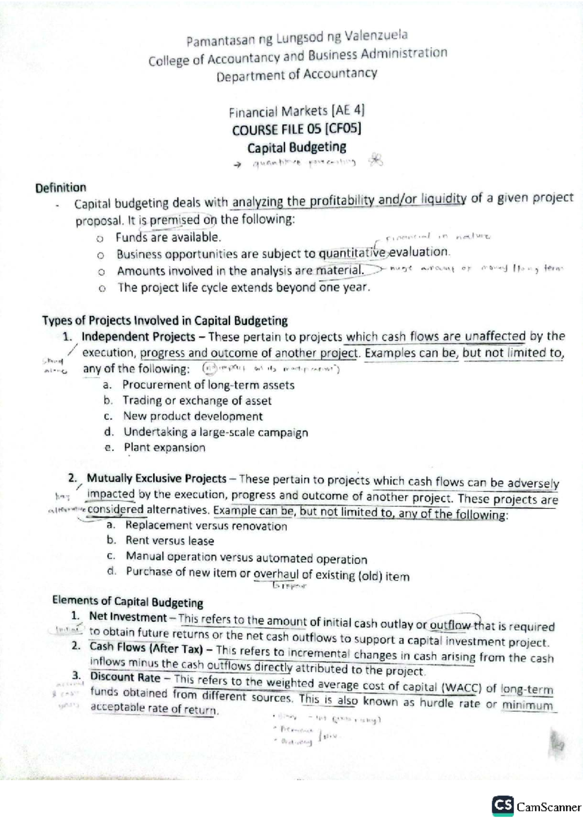 CS AE 4 Financial Markets: Capital Budgeting Overview and Techniques ...