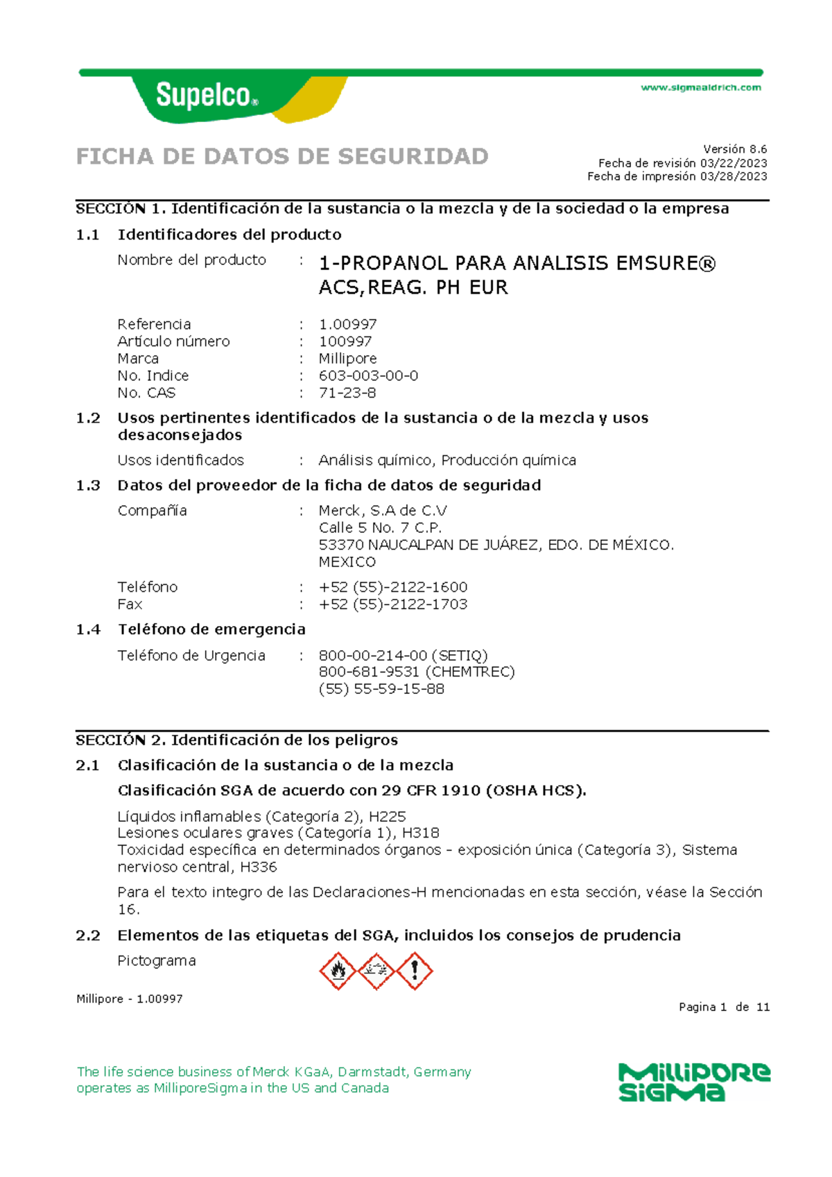 Hoja de Seguridad de 1-Propanol - Versión 8.6 - Studocu