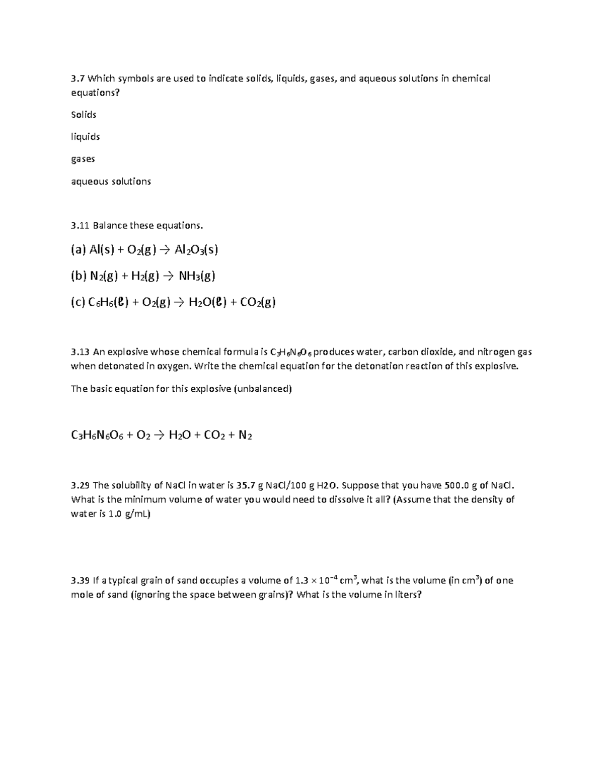 Chapter 3 Recitation Questions: Chemical Equations & Molar Mass ...