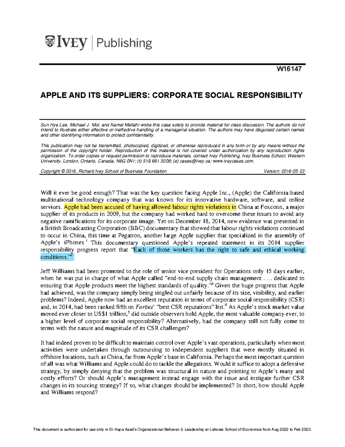 W16147 Case Study: Apple's CSR Challenges with Suppliers - Studocu