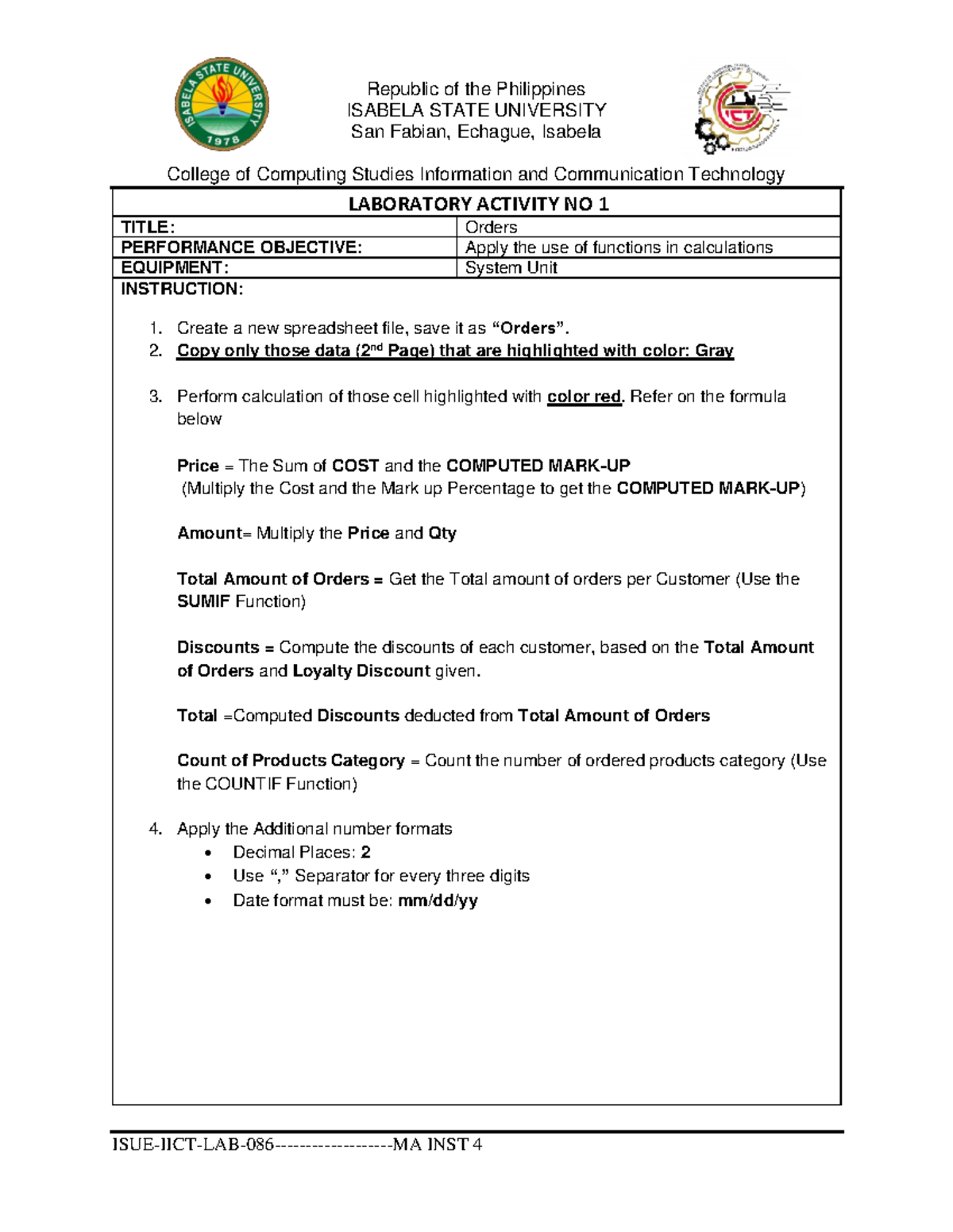 Lab-1-Orders - Republic of the Philippines ISABELA STATE UNIVERSITY San Fabian, Echague, Isabela ...