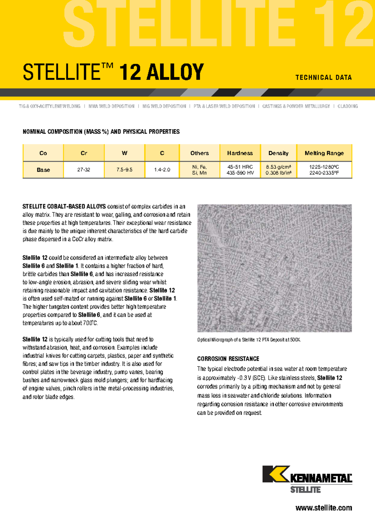 Stellite 12 Alloy Technical Data & Properties Overview - Studocu