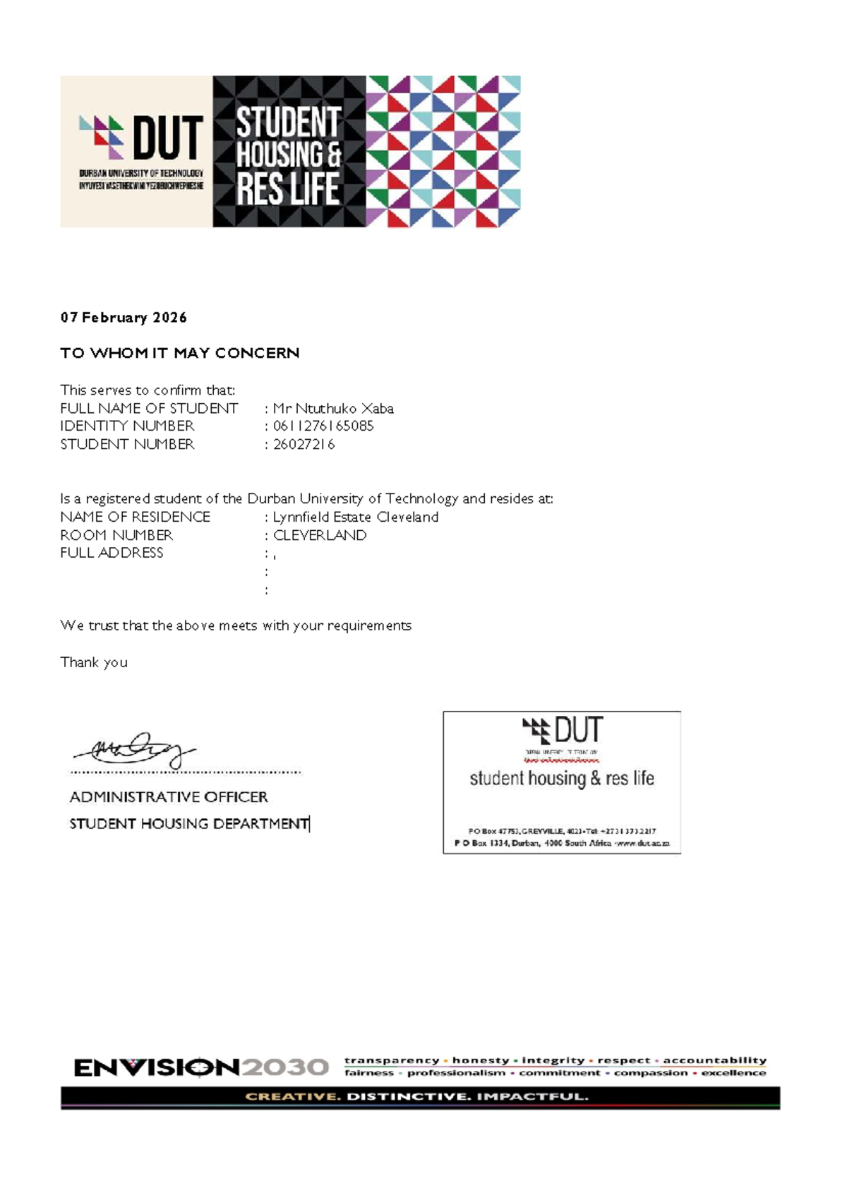 DUT H41B - I need these documents - Student Housing & Residence Life ...