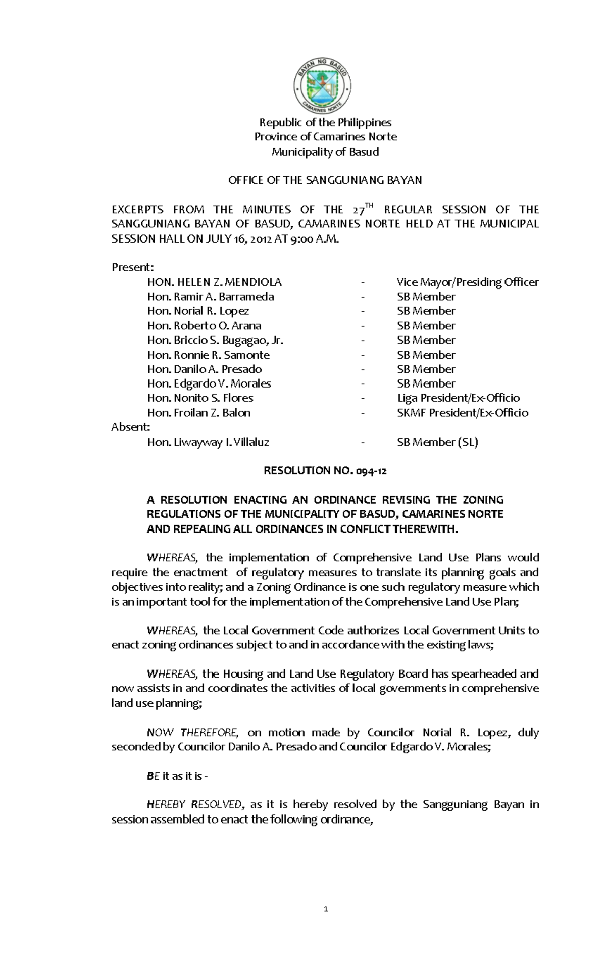 Zoning Ordinance Revisions - Municipality of Basud, CN (Resolution 094 ...