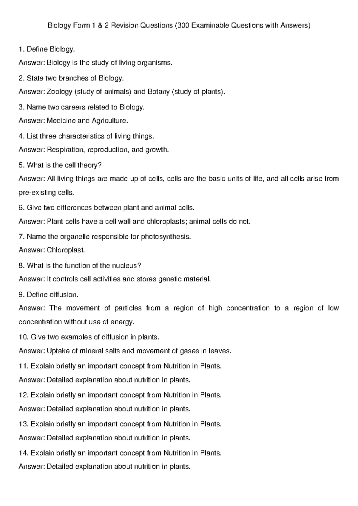 Biology Form 1 & 2 Revision: 300 Exam Questions & Answers - Studocu