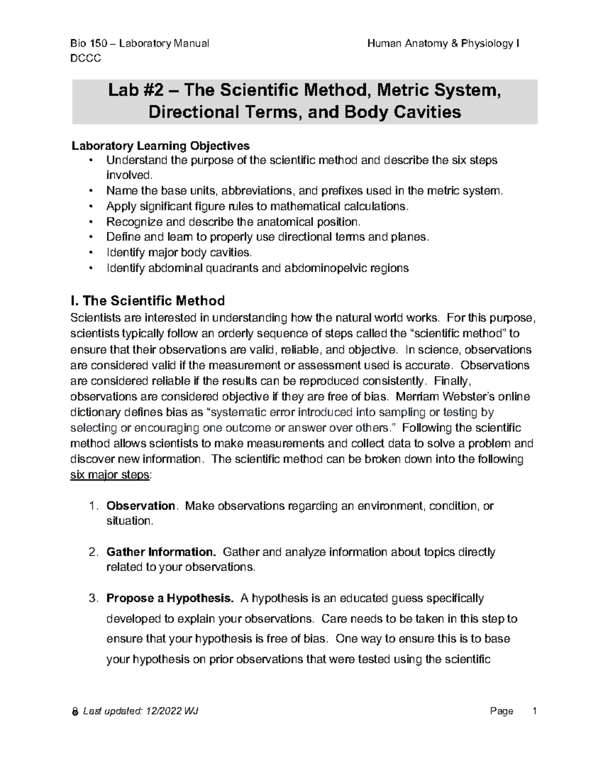 BIO 150 Lab 2: Scientific Method, Metric System, & Body Cavities Guide ...