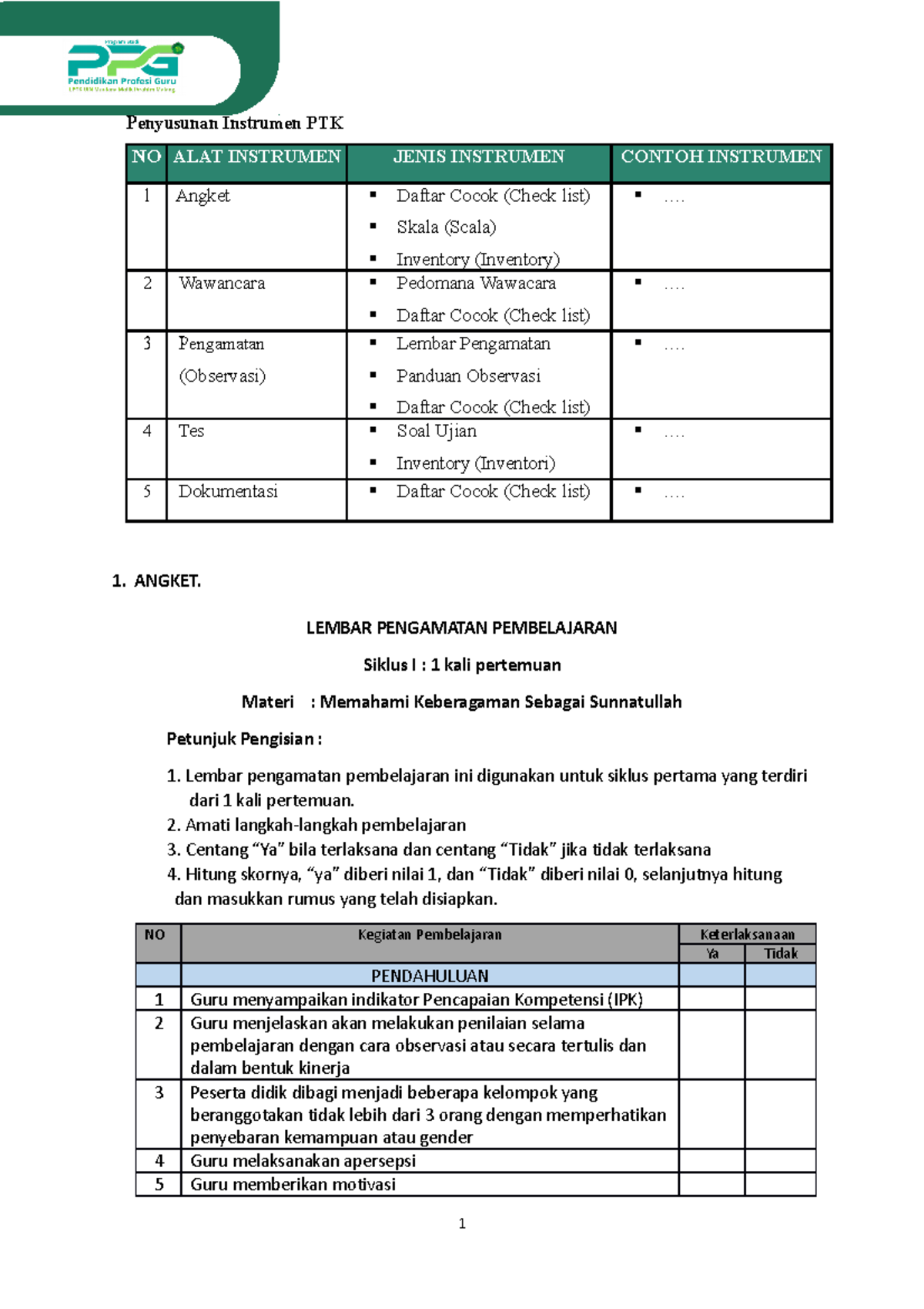 Penyusunan Instrumen Penelitian Tindakan Kelas (PTK) dan Analisis ...