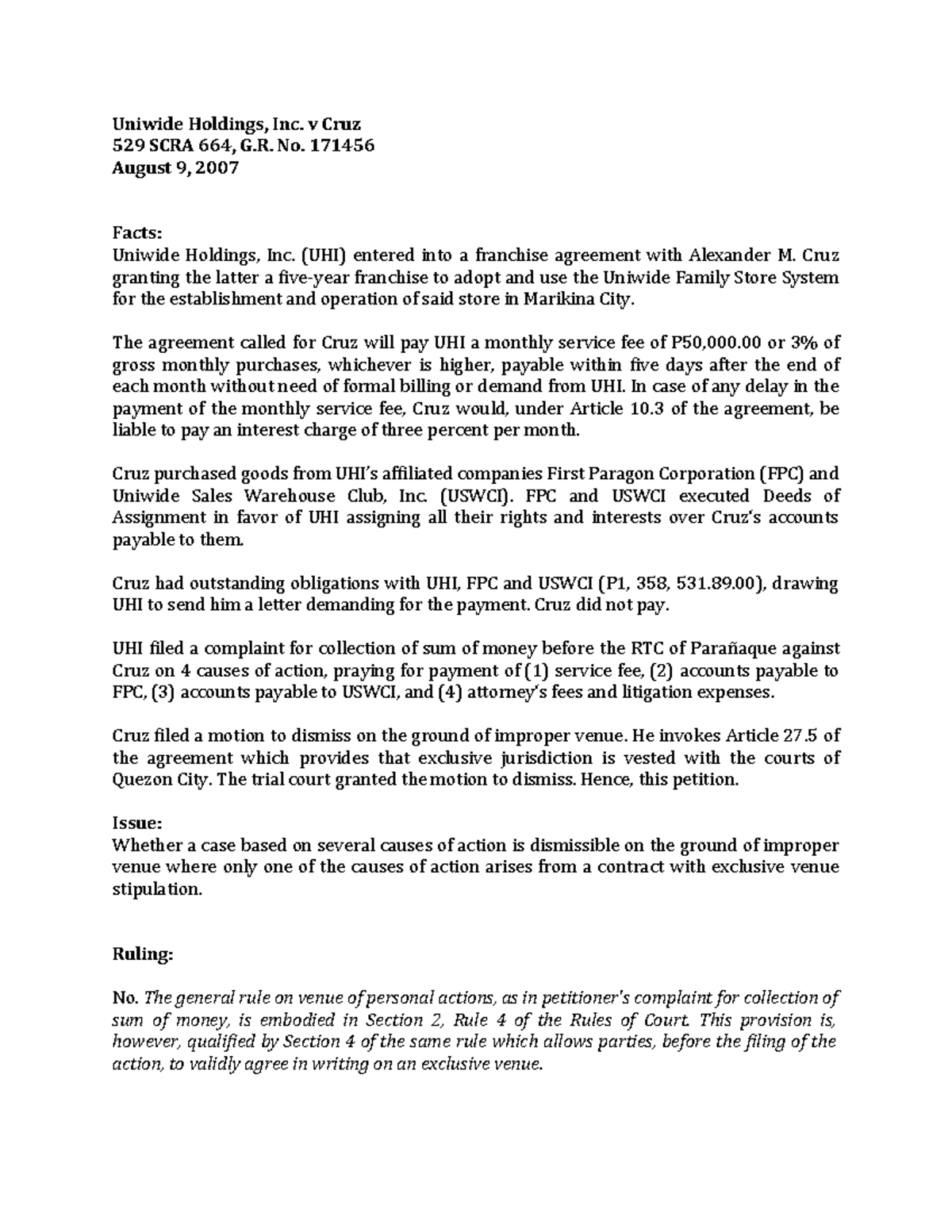 Uniwide Holdings, Inc. v Cruz: Case Study on Venue Issues (G.R. No ...