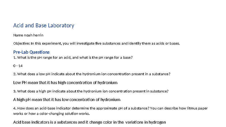 Acid-Base Lab Worksheet: Identifying Acids and Bases - Studocu