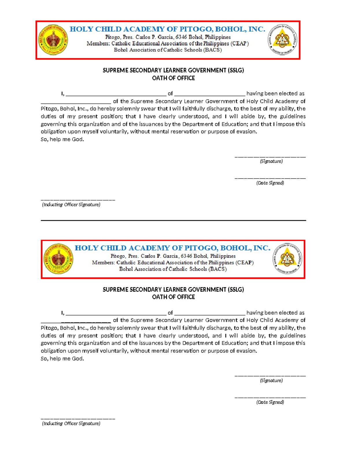 SSG Oath Taking 2023 - Format for Office Oath of SSLG Members - Studocu