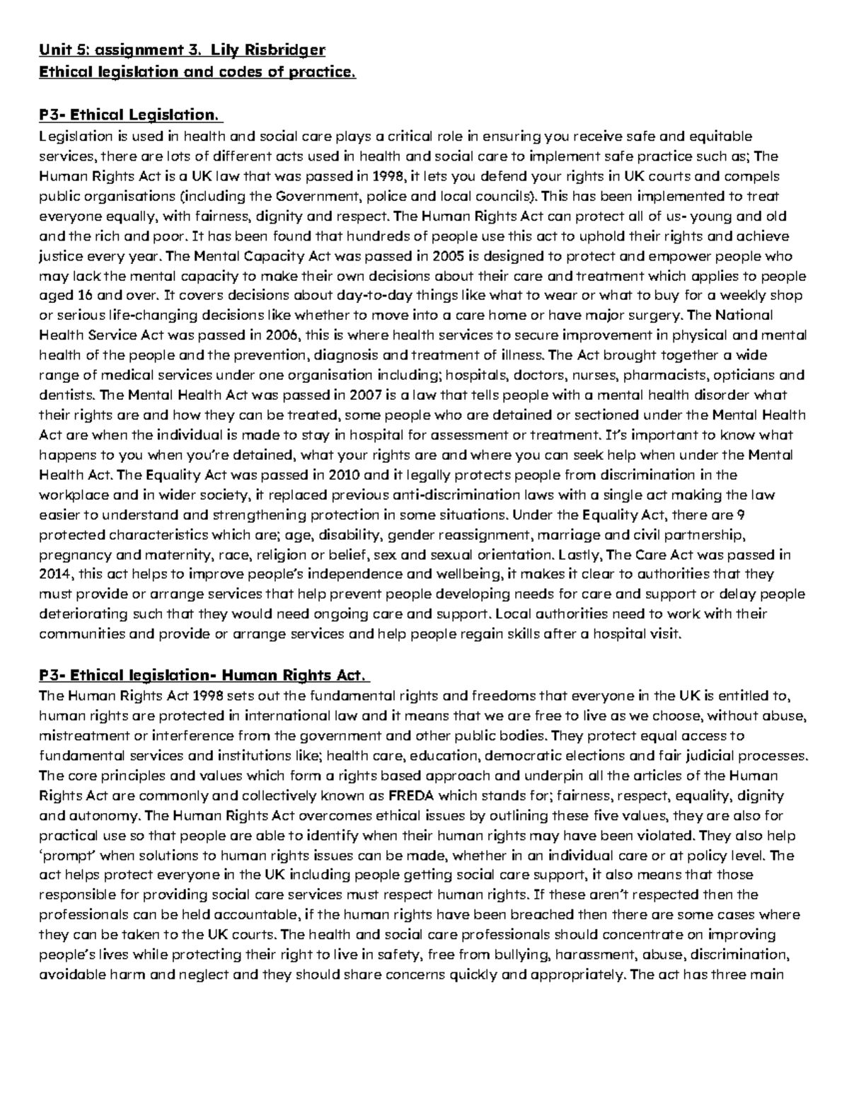 Unit 5 Assignment 3: Ethical Legislation & Codes of Practice Overview ...