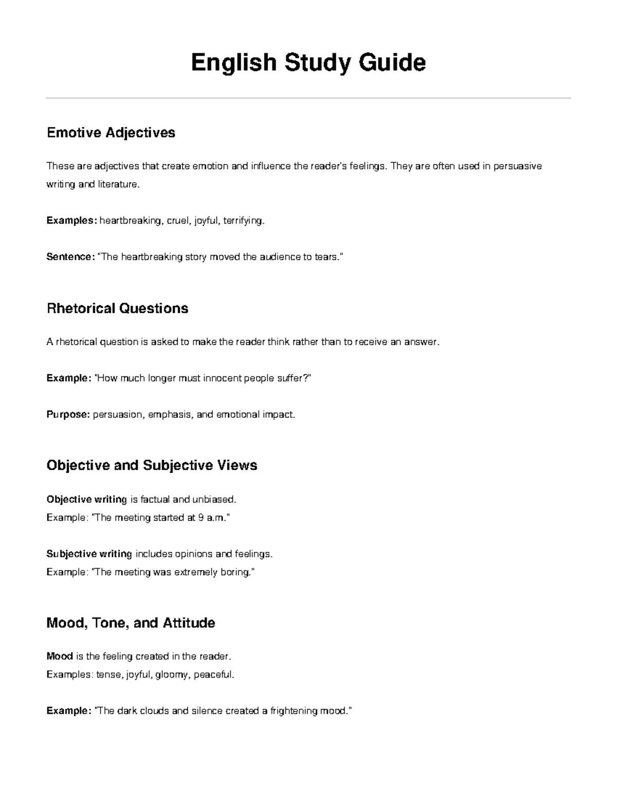 English Study Guide: Emotive Adjectives and Rhetorical Techniques - Studocu