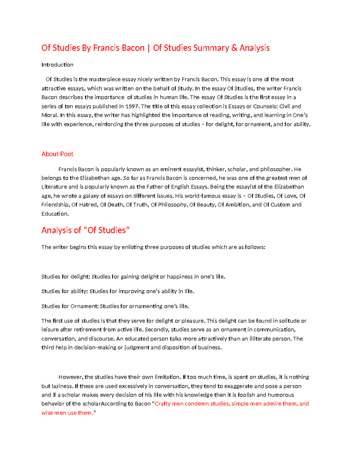 Essay Analysis of "Of Studies" by Francis Bacon (ENG 101) - Studocu
