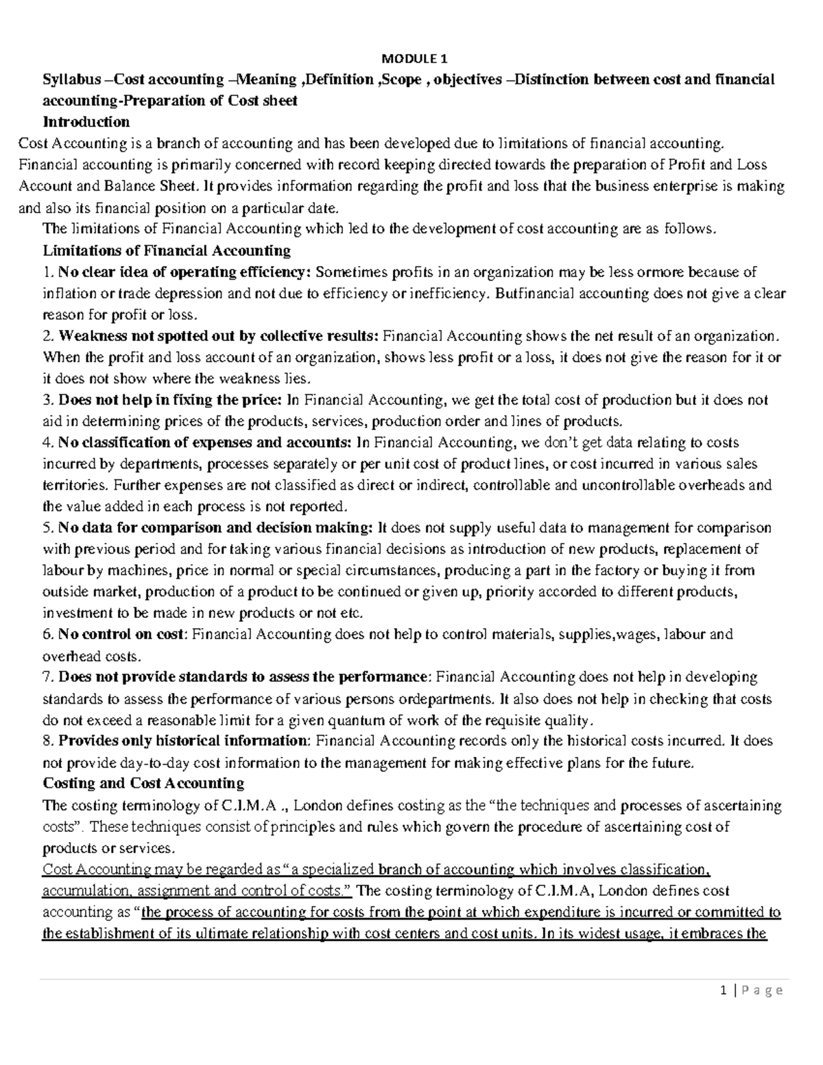 Cost Accounting Concepts and Techniques - Module 1 Overview - Studocu