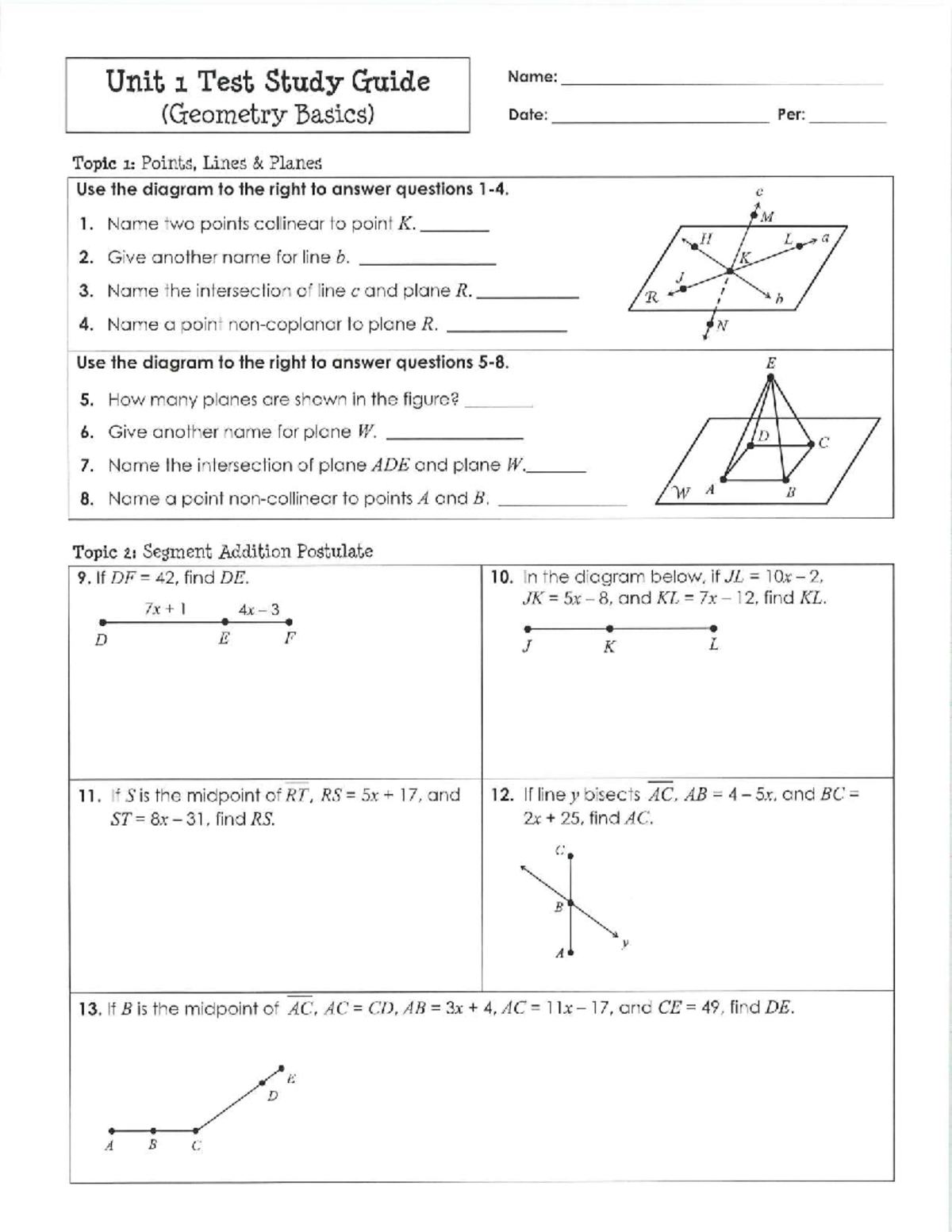 Geometry Basics Unit 1 Test Study Guide: Points, Lines, Angles & More ...