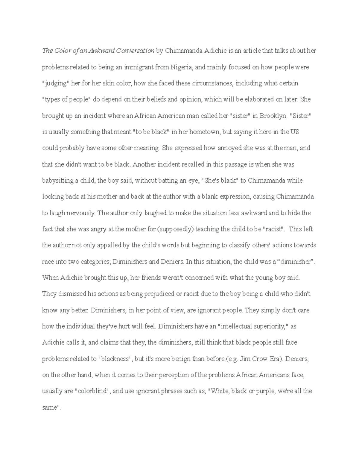 Essay on "The Color of an Awkward Conversation" by Adichie - Studocu