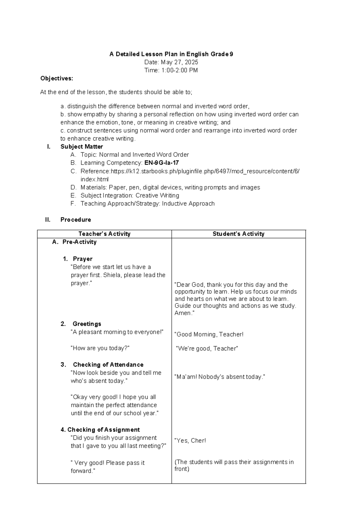 A Detailed Lesson Plan on Normal & Inverted Word Order (Eng 9) - Studocu