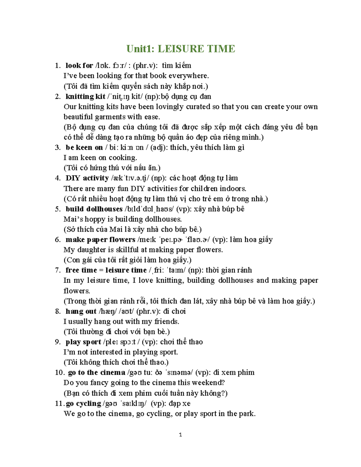 Vocab Unit 1: Leisure Activities and Expressions - Studocu