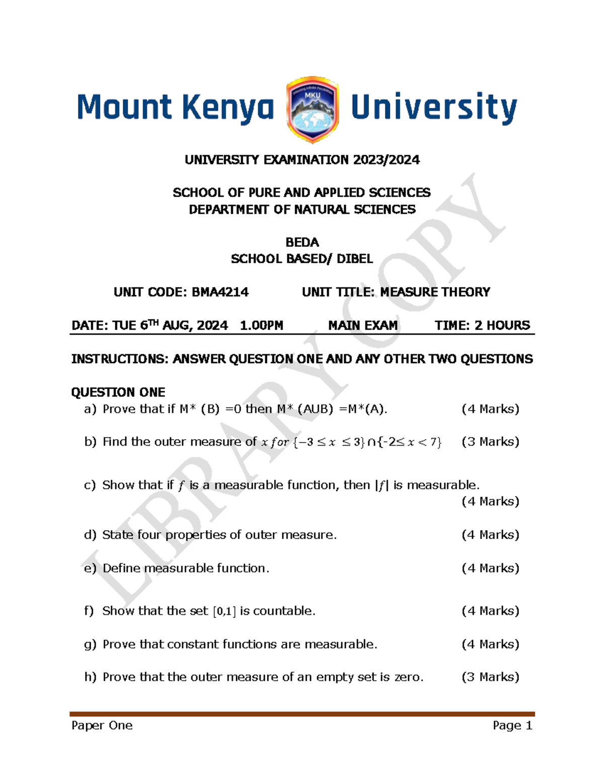BMA4214 Measure Theory SB Main Exam Questions and Instructions - Studocu